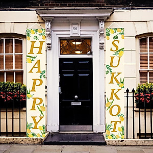 LOONELO Happy Sukkot Porch Banner with 70.9" X 11.8", Etrog Lulav Jewish Holiday Hanging Porch Sign, Sukkah Jewish Hebrewh Party Decorations Supplies for Jewish Holiday Sukkot Celebration Festival