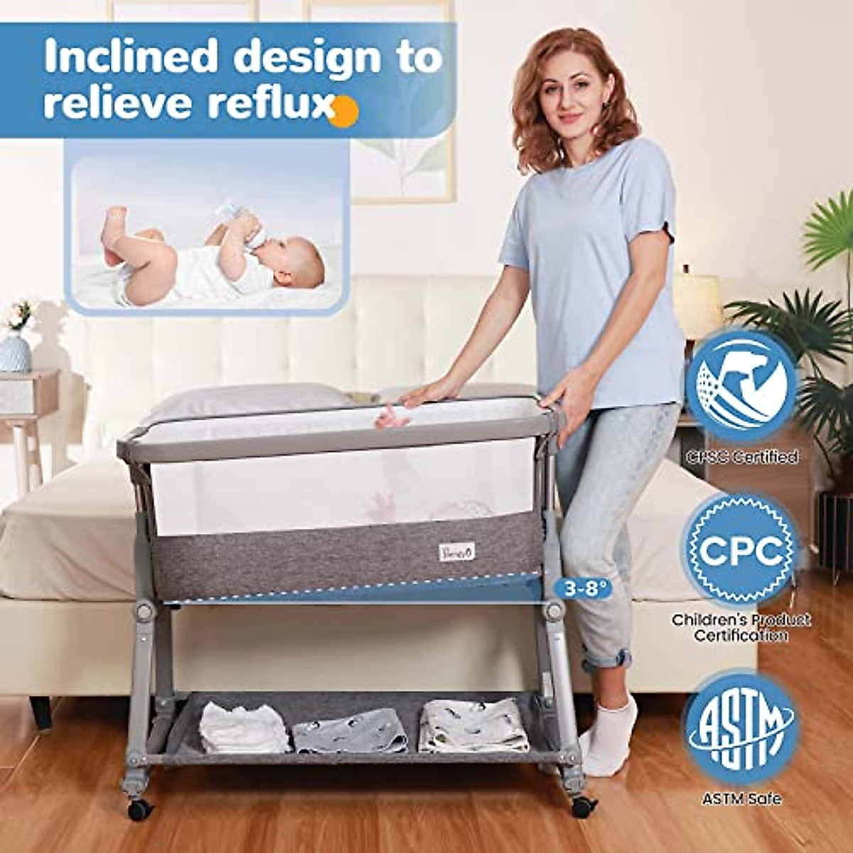 Li’l Pengyu Baby Bassinets Bedside Sleeper for Baby, Foldable Portable Crib for Newborn Babies with Storage Basket, Cotton Mattress,Travel Bag, Small Rocking Cradle, Breathable All Mesh