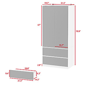 Hitow Wardrobe Armoire Closet with Full Length Mirror, Freestanding Wardrobe Cabinet with Hanging Rod & 2 Drawers, Bedroom Storage Cabinet Clothes Organizer, White (19.5" D x 31.5" W x 70.9" H)
