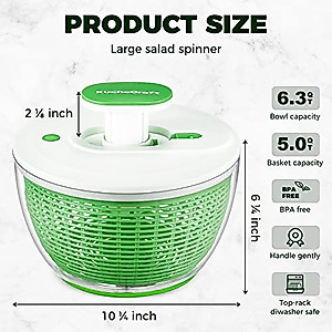 KucheCraft Salad Spinner Large 6.3 Qt, Manual Lettuce Spinner for Vegetable Prepping, One-Handed Pump Fruit Spinner Dryer with Bowl and Colander, Dishwasher Safe Veggie Fruit Washer Spinner-Green
