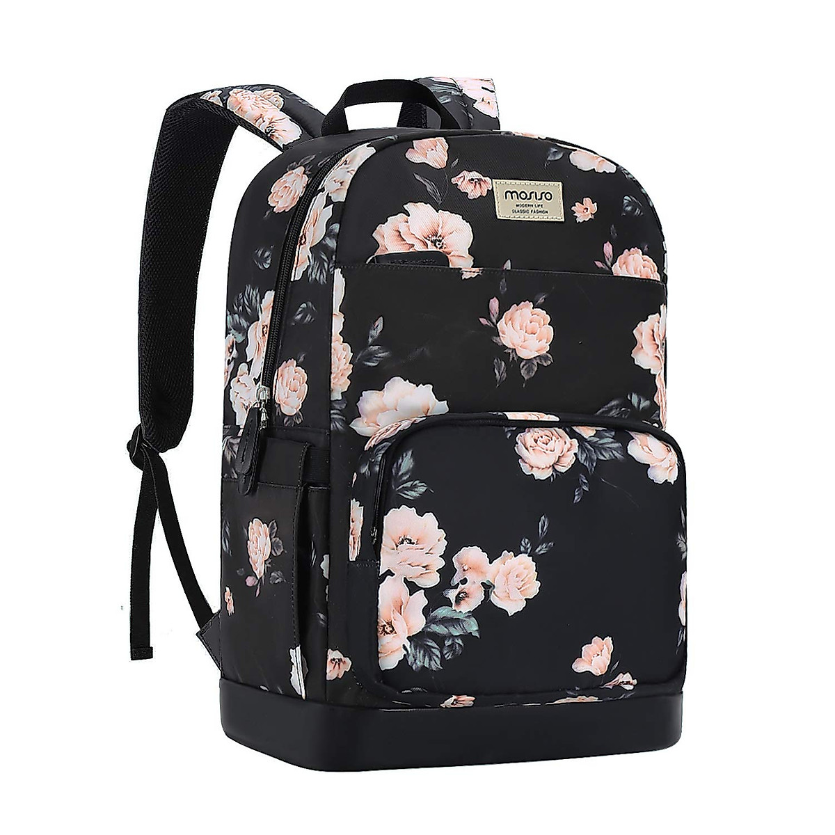 MOSISO 15.6-16 inch Laptop Backpack for Women Girls, Polyester Anti-Theft Stylish Casual Daypack Bag with Luggage Strap & USB Charging Port, Camellia Travel Business College School Bookbag, Black