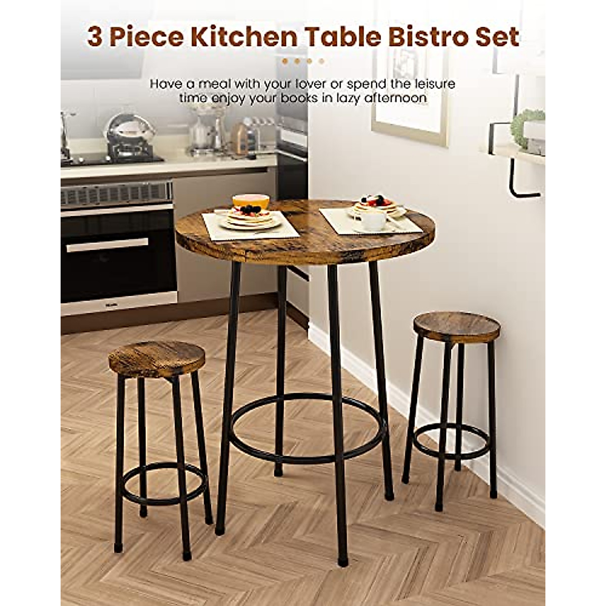 Recaceik 3 Piece Pub Dining Set, Modern Round bar Table and Stools for 2 Kitchen Counter Height Wood Top Bistro Easy Assemble for Breakfast Nook Living Room Small Space Restaurant, Rustic Brown 23