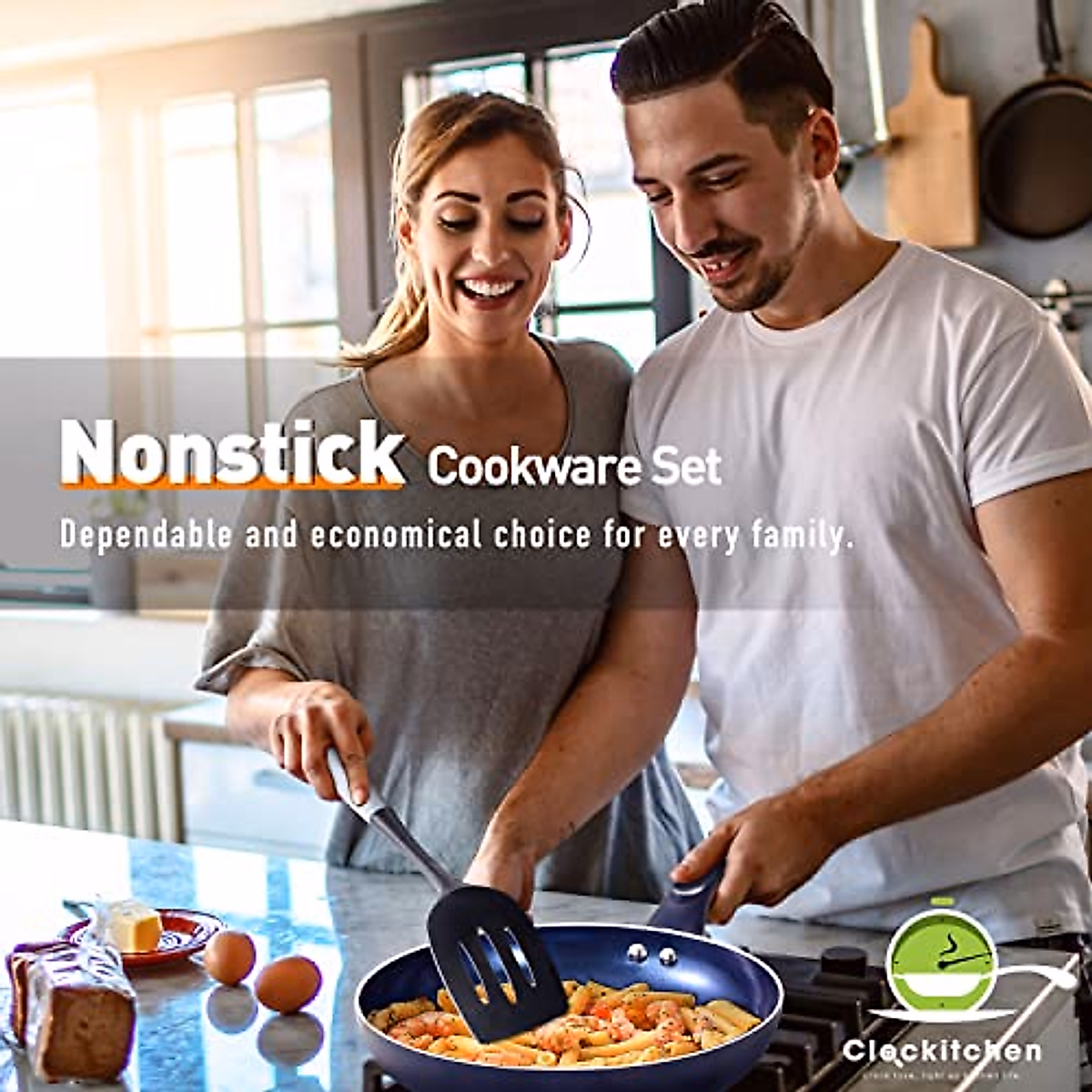 Pots and Pans Set,Aluminum Cookware Set, Nonstick Ceramic Coating, Fry Pan, Stockpot with Lid, Blue,10 Pieces