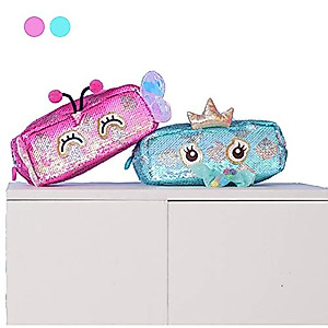 Cute Pencil Case for Kids & Sequin Cosmetic Brush Bag for Women，Reversible Glitter Handbag Makeup Organizer Purse，Travel Storage Pouch (Rose Red Butterfly)
