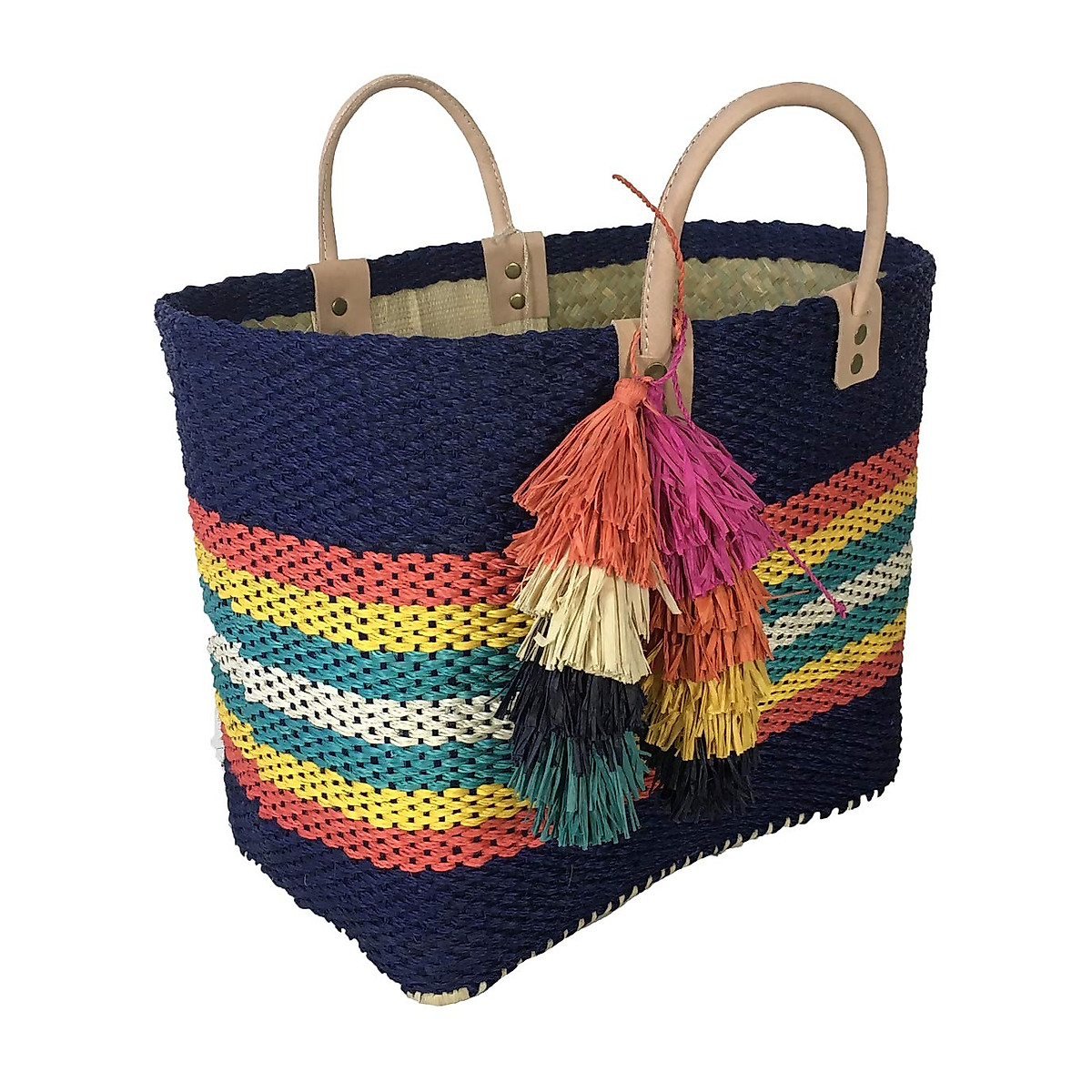 Mar Y Sol La Paz Colorful Stripes Woven Sisal Market Tote Straw Beach Bag (Navy)
