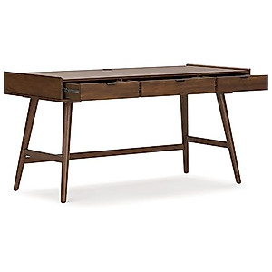 Signature Design by Ashley Lyncott Mid Century 3-Drawer 60" Home Office Desk with Cord Management, Open Cubby and Tapered Legs, Dark Brown