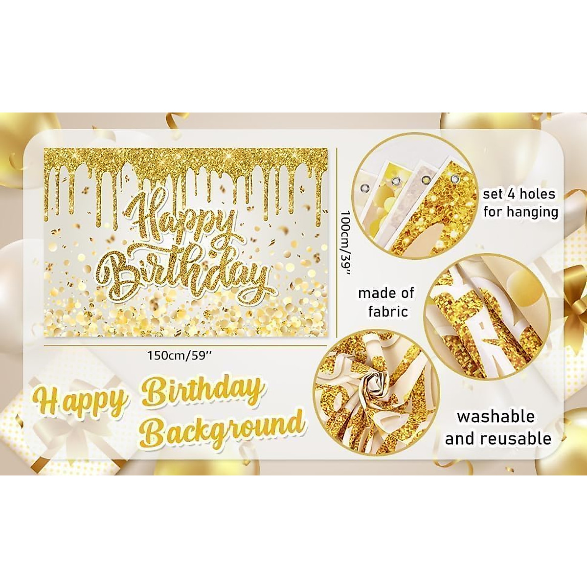Gold Birthday Party Decorations Set Happy Birthday Decorations for Women Girls- Happy Birthday Banner Backdrop Gold and White Balloons Tassel Curtains Gold Dot Tablecloth Birthday Party Supplies