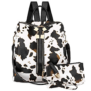 YOUNXSL Women Backpack Purse Leopard Fashion PU Leather Designer Travel Bag Cow Pattern Ladies Shoulder Bags(Off White)