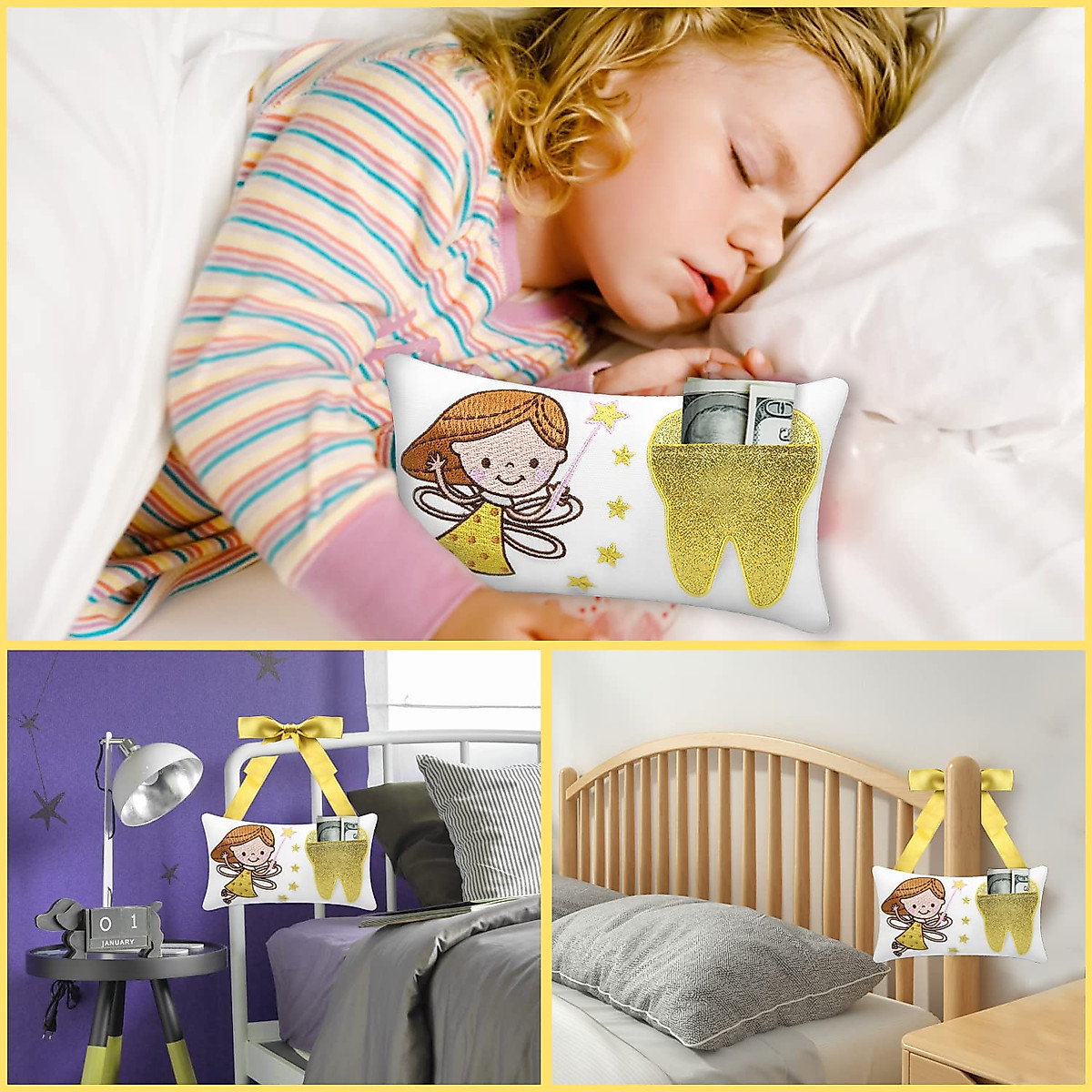 Malihome Tooth Fairy Pillow with Pocket for Girls and Boys Kids Tooth Pillow Toothfairy Gifts Tooth Keepsake Pouch 8.6 x 4.8 inches (for Girls)