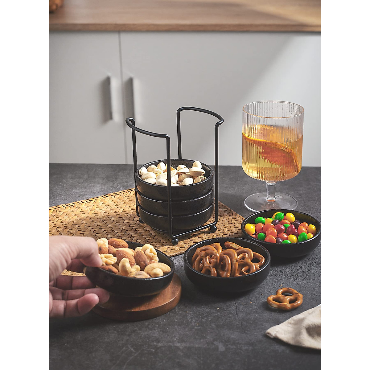 Ghaexui Japanese Ceramic Soy Sauce Dishes, Dipping Bowls, Side Dishes, Sauce Bowls-3.5 Inch, with Metal Stand for Ketchup Soy Sauce Sushi BBQ Party, Set of 6, Black