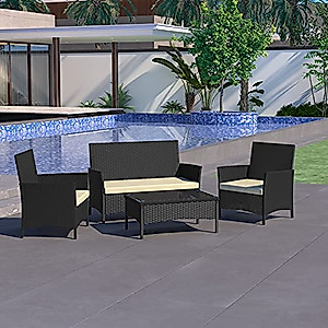 IDS Online MLM-17240 1 Loveseat 2 Single Chairs Cushion, Leisure Glass Top Coffee Table for Garden Lawn Poolside Backyard 4 Piece Rattan Pattio Outdoor Furniture Wicker Conversation Set, Black-White