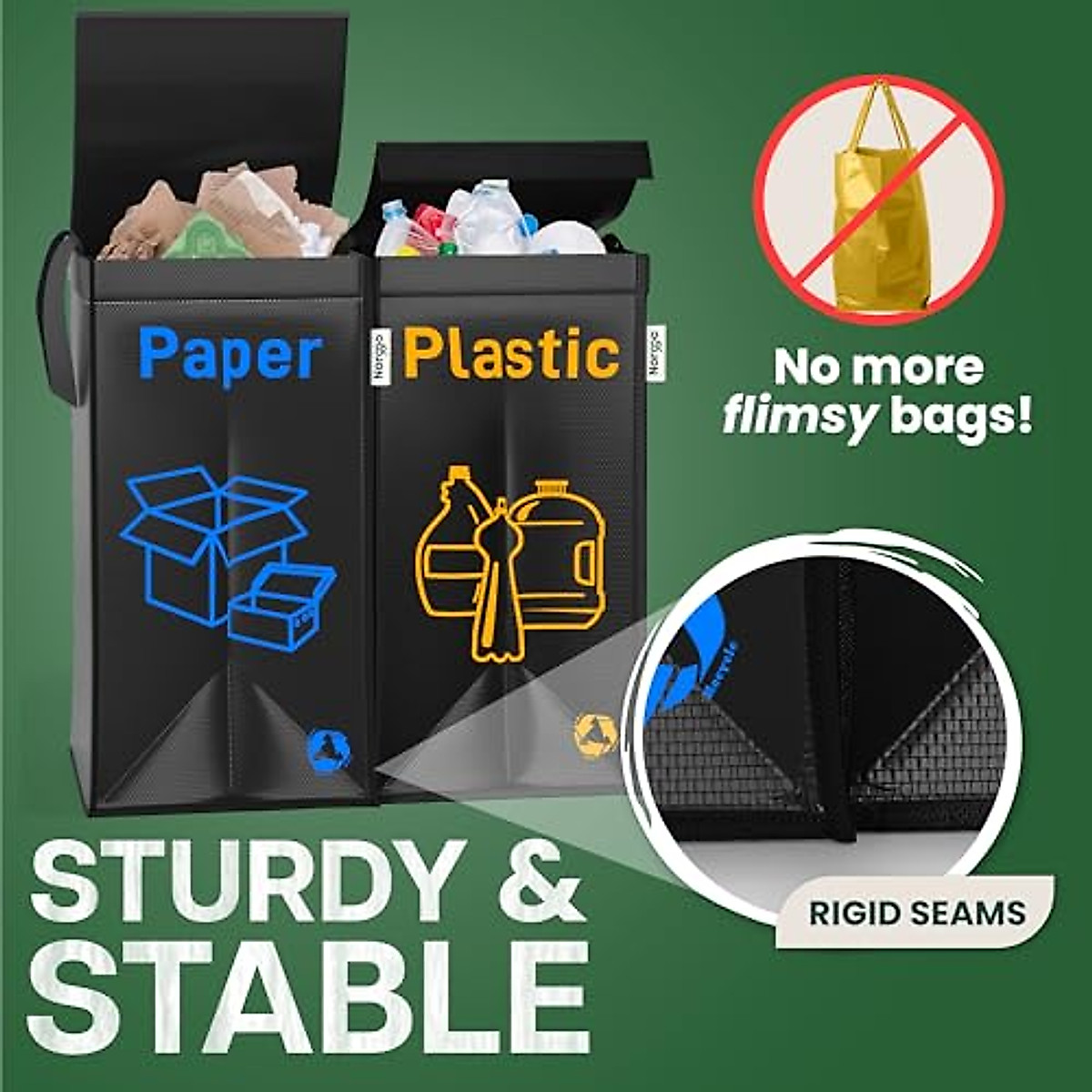 Norggo Pack of 3 Recycling Bags, 40L - Recycle Bins for Kitchen, Durable Recycling Bin for Kitchen, Ideal for Paper, Plastic, and Glass, Versatile Kitchen Recycling Bin for Home and Office