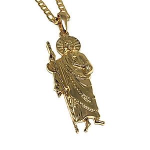 Fran & Co. Jewelry Gold Plated Big Saint Jude Pendant Necklace Figaro 26" San Judas Tadeo Medalla XL Cadena Oro