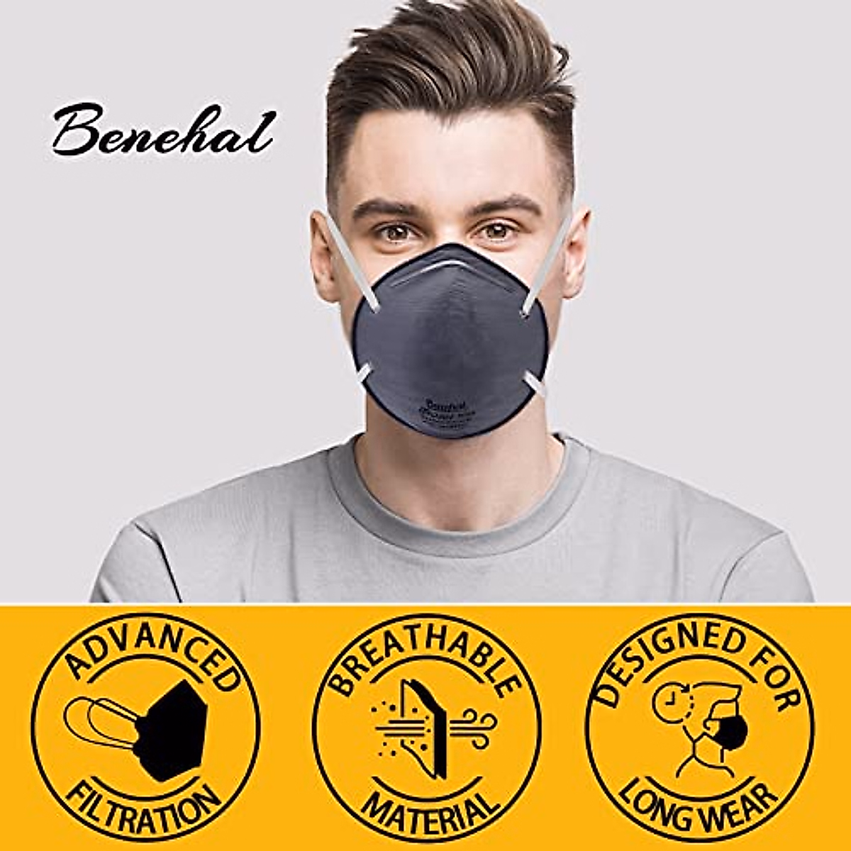 Benehal NIOSH Certified N95 Mask Pack of 20, Particulate Respirators Protective N95 Cup Dust Face Masks Model MS6135L Grey For Adult Women & Men