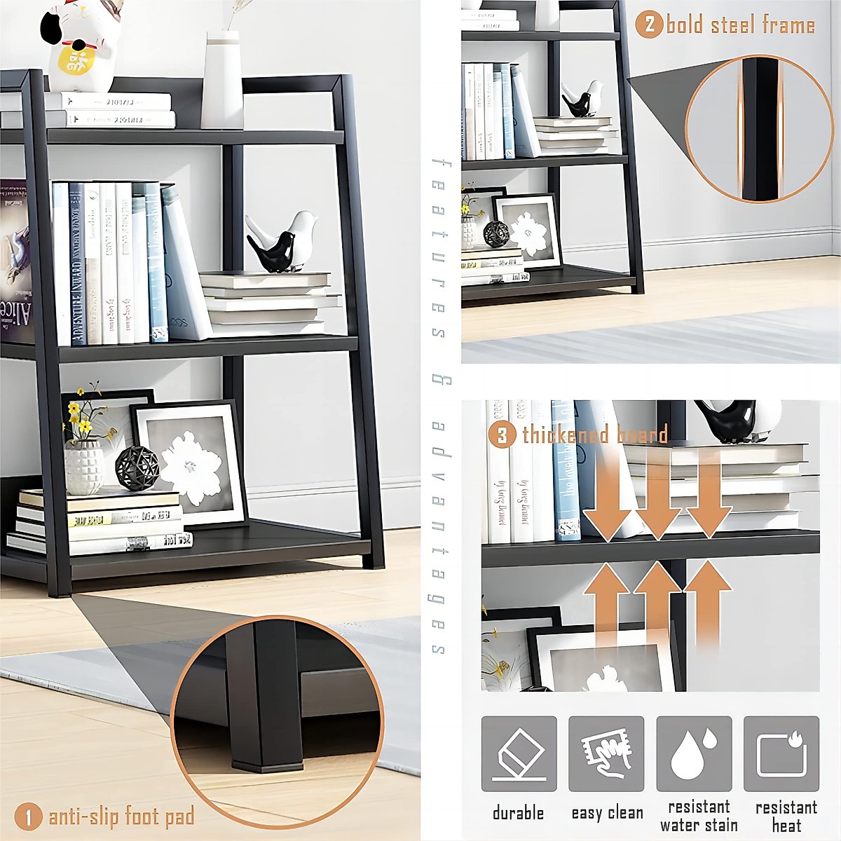 IOTXY 3 Tier Open Bookshelf - Steel and Wood Display Stand, 50CM Width Floor-Standing Bookcase, Black