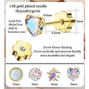 Enticera 4Pairs Hypoallergenic Flat Back Earrings for Women 14K Gold Cartilage Earring for Sensitive Skin Star Heart Opal Screw Back Nap Earrings Gold AB