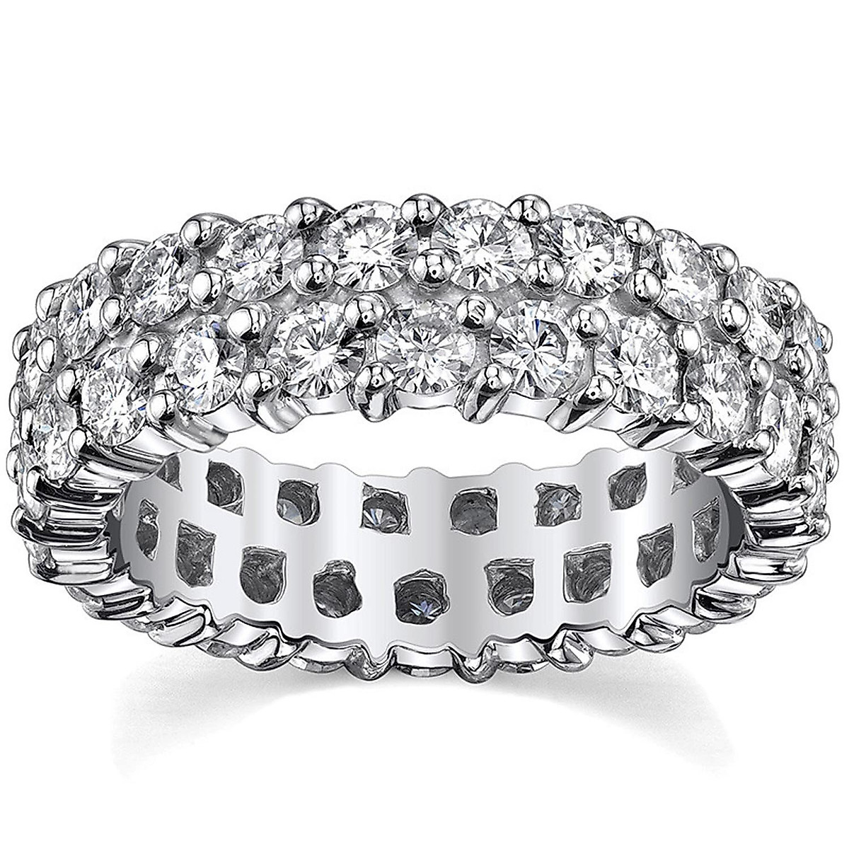 Double Row Shared Prong Round Cut Moissanite Diamond Ring 0.06CT White Color 14K White Gold Excellent VVS1 Eternity Wedding Band For Women Christmas New Year Birthday Gift For (Sterling Silver, 7)