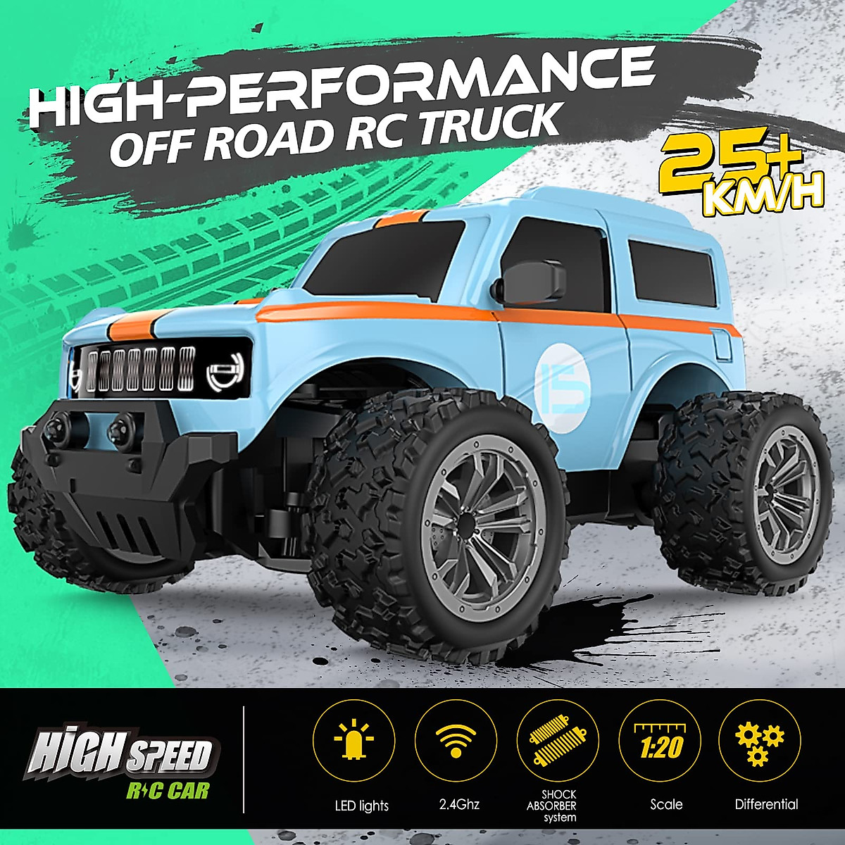 NiGHT LiONS TECH RC Cars for Kids 2WD Remote Control Car 2 Batteries Alloy Monster Trucks 60Mins Play Time Electric Toy Off-Road Crawler Gift for Boys and Girls