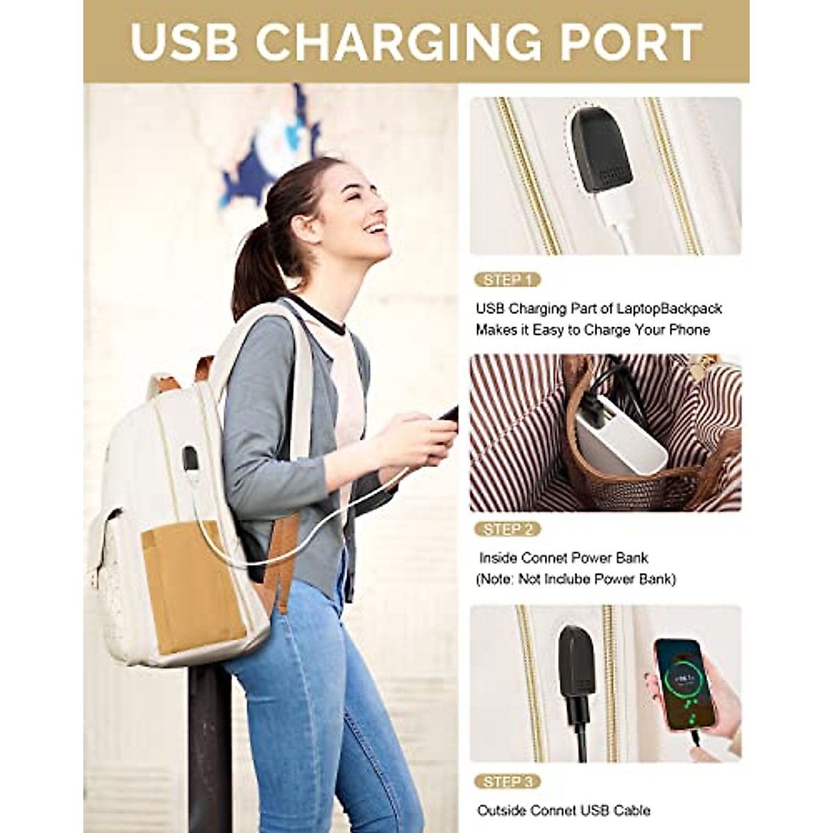 MATEIN Computer Backpack for Women, Large Anti Theft TSA 17 Inch Laptop Backpack with USB Charging Port, Durable Water Resistant Cute College Backpack Casual Daypack Purse for Work Travel, Beige