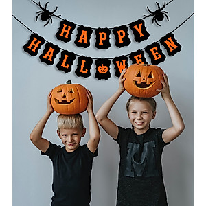 JOZON Happy Halloween Banner Halloween Bunting Banner Garland with Spider Pumpkin Sign for Halloween Party Decorations Halloween Decor for Mantle Fireplace Wall Party Supplies