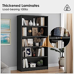 STARY 5 Shelf Bookcase Black Tall Bookshelf for Bedroom 5 Tier Modern Wood Bookshelf 33" Wide 60" Tall