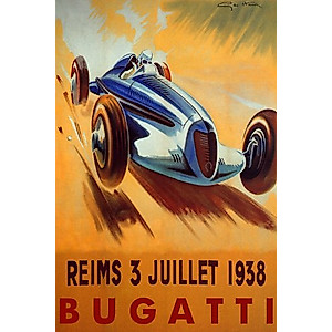 WONDERFULITEMS Reims 1938 France CAR Race Bugatti Speed Racing 12" X 16" Image Size Vintage Poster REPRO Canvas Rolled UP
