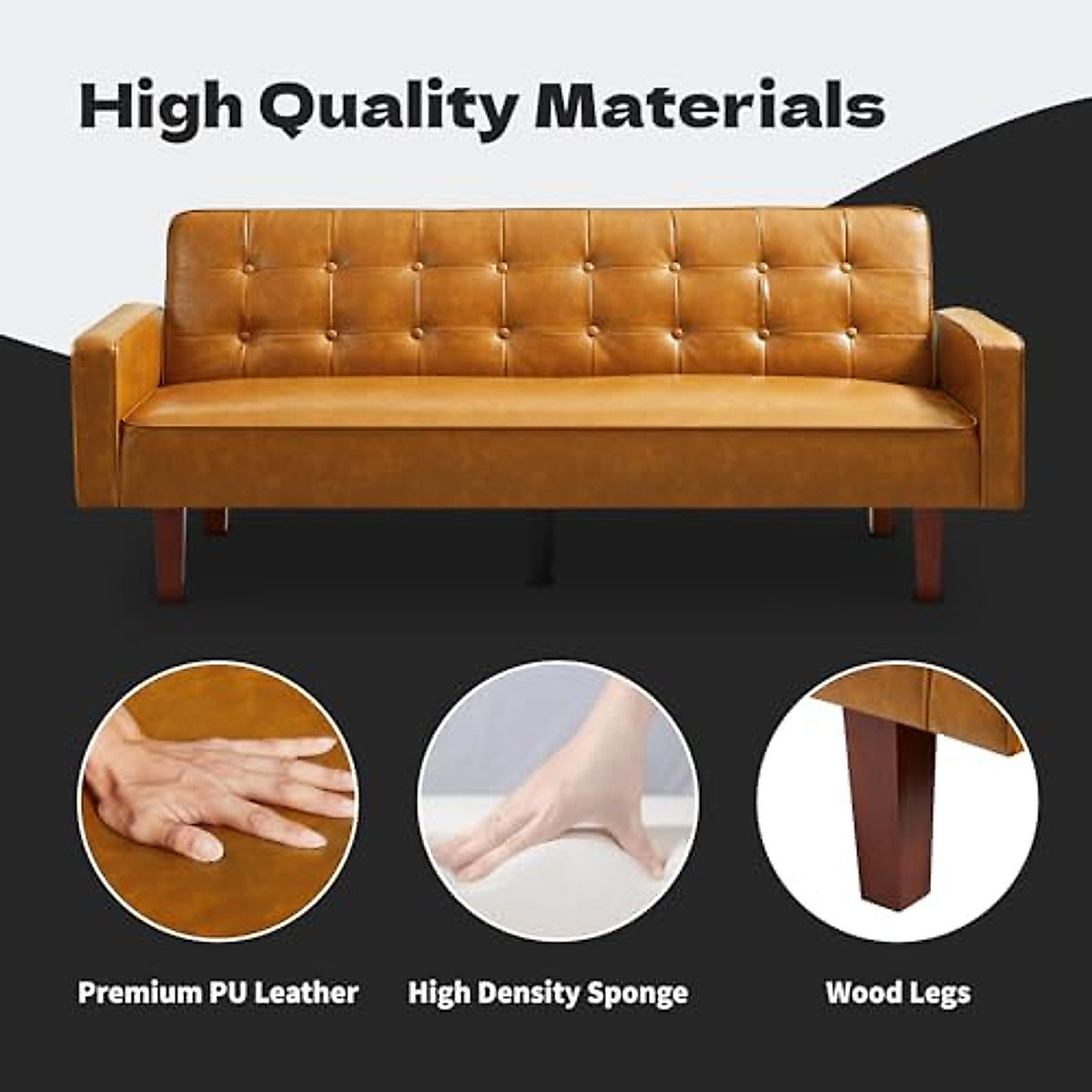 Homies Life Faux Leather Futon Couch, Mid Century Modern Futon Sofa with Memory Foam, Convertible Futon Sofa Bed for Small Spaces, Living Room, Office, Brown