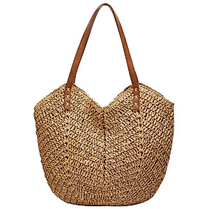 Summer Casual Straw Tote Bag Large Capacity Woven Shoulder Handbag for Summer Beach Vocation (A-Khaki)