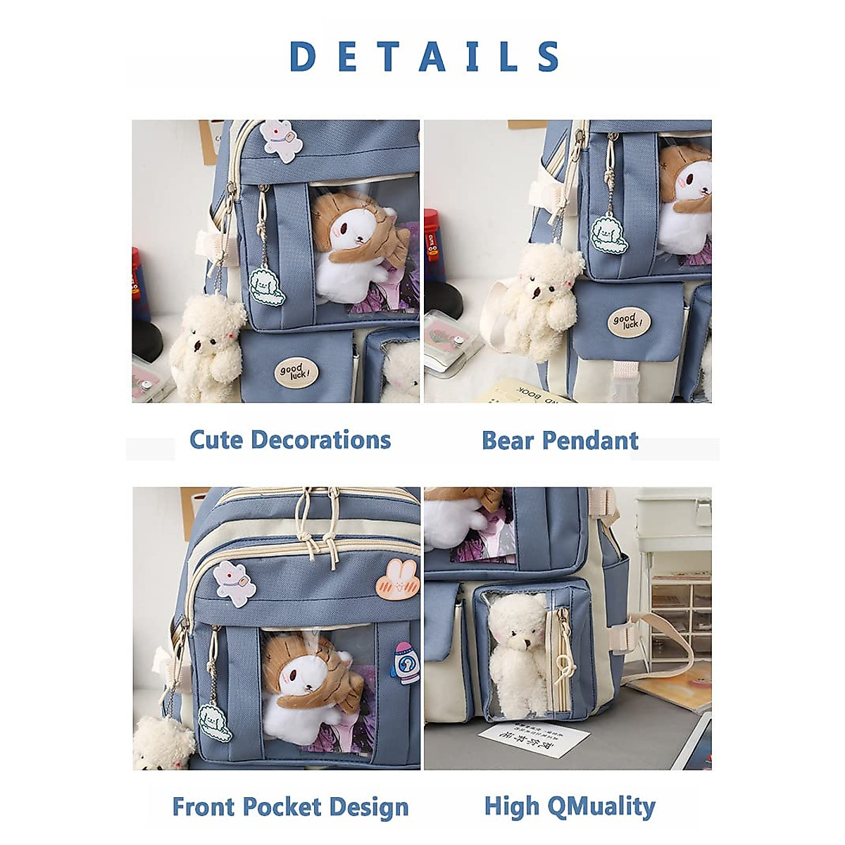 Kawaii Backpack with Cute Pins Aesthetic Accessories, Shoulder Bag with Pencil Bag Waist Bag Set for Girls (Blue, One size)