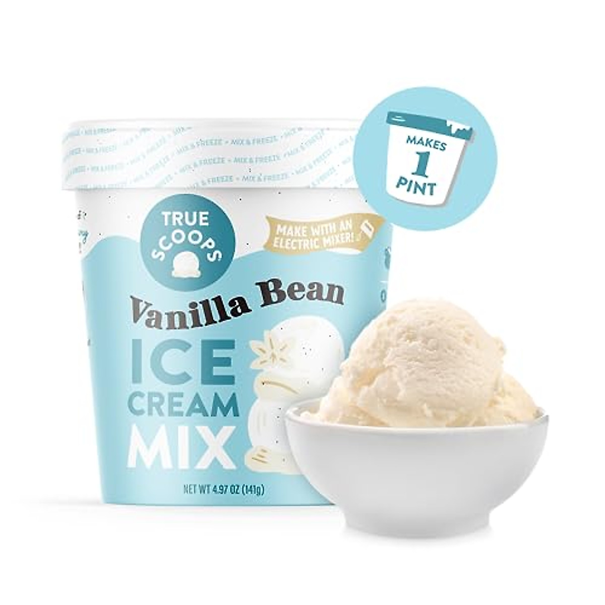True Scoops 2-Pack Vanilla Bean Ice Cream Mix. Add One Ingredient - Half & Half! Makes 1 Pint of Ice Cream With An Electric Mixer. Made With Real Vanilla Beans. Gluten-Free, Peanut-Free, and Kosher.