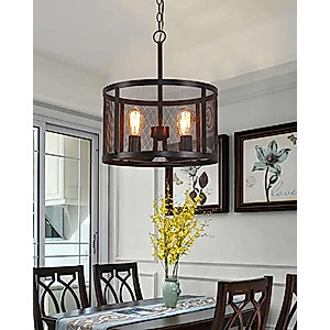KARMIQI 4-Light Industrial Pendant Light Fixture Bulbs Included, Vintage Farmhouse Black Metal Cage Hanging Ceiling Light, Drum Chandelier with Adjustable Chain for Kitchen Island Dining Room