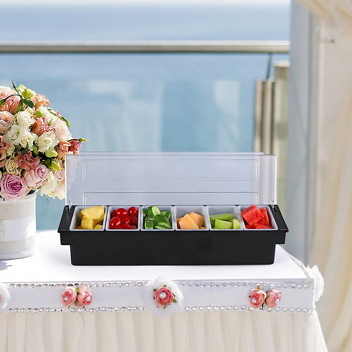 MOLIGOU Ice Cooled Condiment Container, 6 Compartments Garnish Tray with Lid, Fruit Veggie Condiment Caddy for Party, Bar