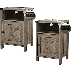 Farmhouse Nightstand Set of 2 with Charging Station,Industrial Bedside Table with Storage Living Room Bedroom Side Table End Table with Barn Door,Grey