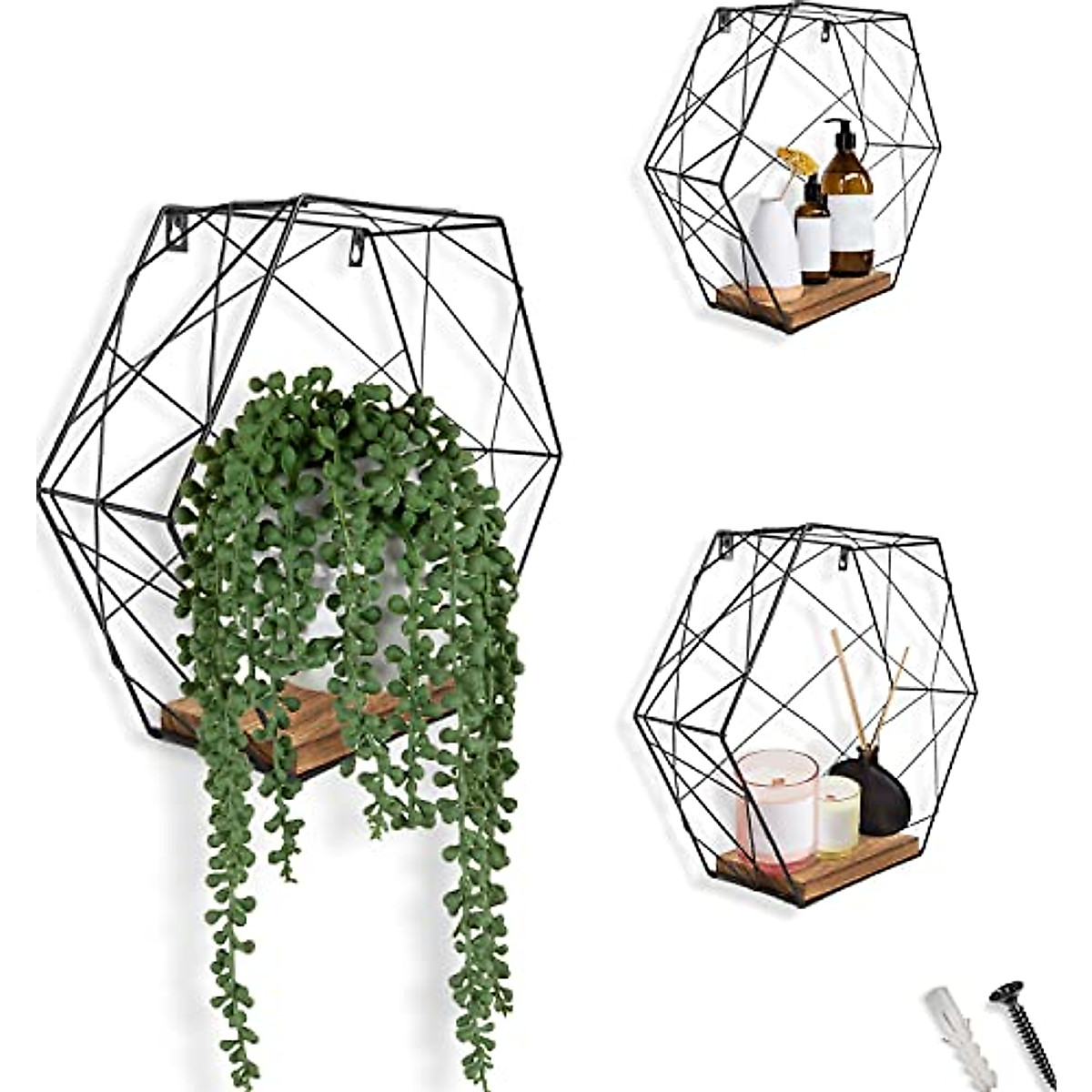 Comfify Industrial Wall Mounted Honeycomb Floating Shelves Set of 3 Decorative Hexagon Metal Wire Shelves – Large, Medium and Small - Modern Shelves for Home, Office and More - Rustic Brown