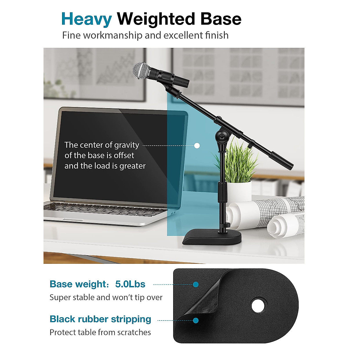 InnoGear Adjustable Desk Microphone Stand, Weighted Base with Soft Grip Twist Clutch, Boom Arm, 3/8/'' and 5/8/'' Threaded Mounts for Blue Yeti and Blue Snowball, Kick Drums, Guitar Amps, Black