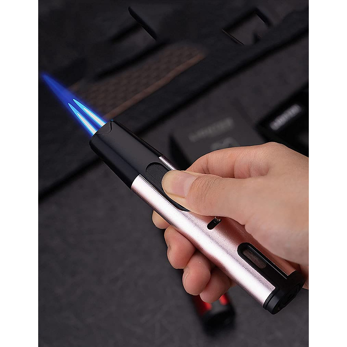 Dual Jet Torch Lighter,1300℃ Kitchen Torch Refillable Butane Adjustable Flame Visible Gas Window Cooking Torch for Cigar Cigarette,DIY,BBQ,Welding,Pink