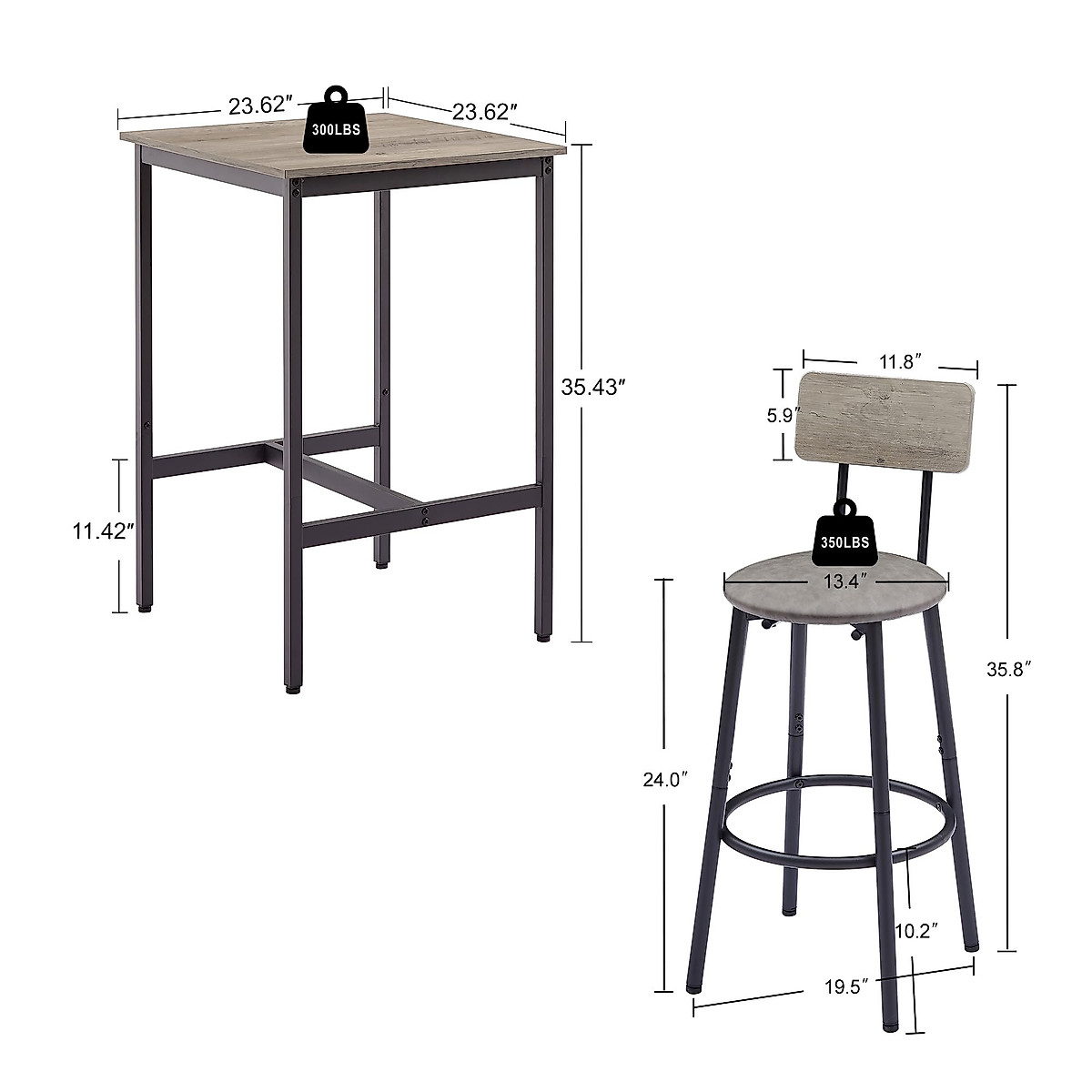 LostCat Bar Table and Chairs Set, Sqaure Bistro Table and Chairs Set of 2 with PU Soft Seat and Backrest, Dining Table Set for Small Spaces, Kitchen and Bar, Rustic Grey