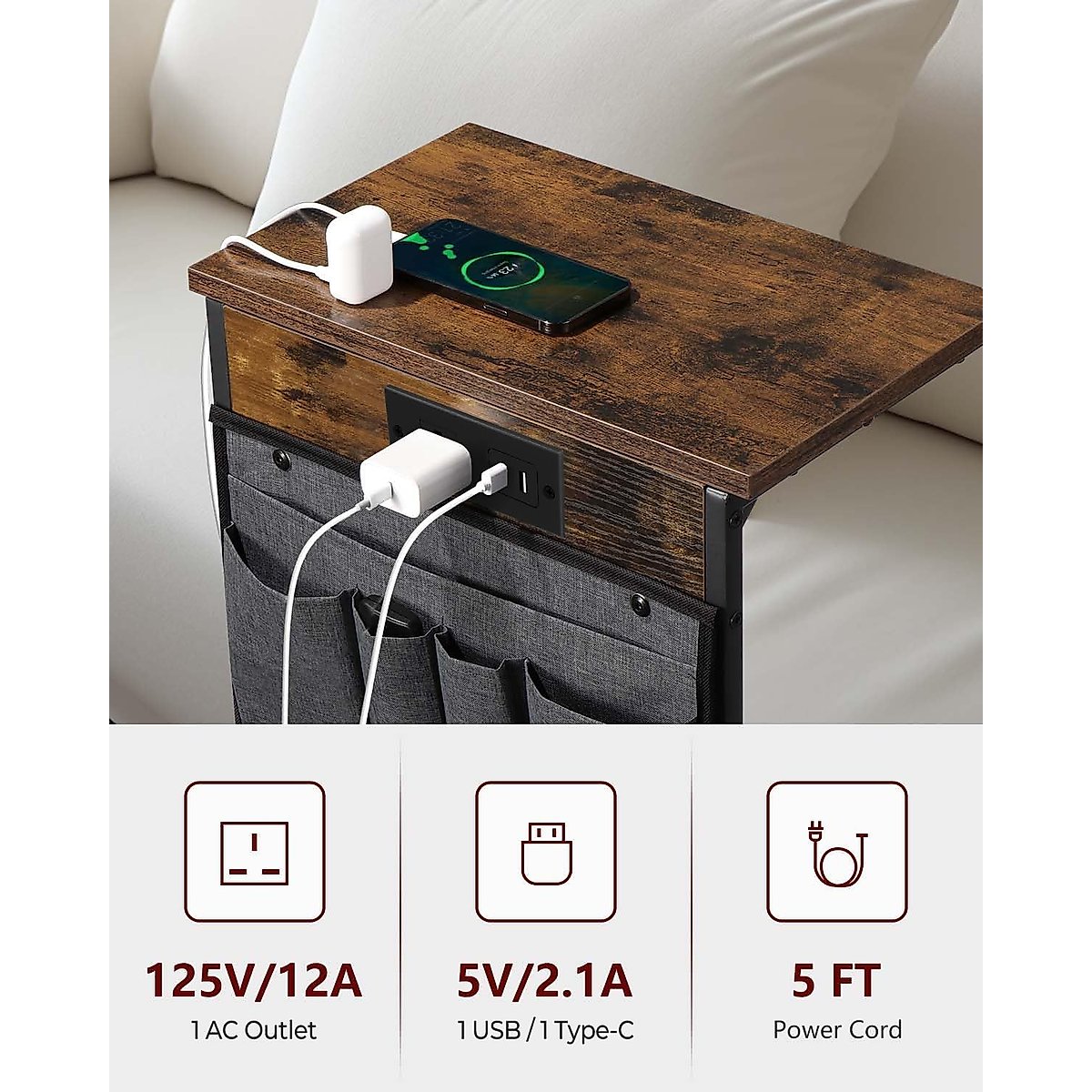 Evermagin C Shaped End Table with Charging Station, Small Side Table for Recliner, Over Couch Table with Outlet and Storage Bag, Slide Under Sofa Tray Table for Living Room, Bedroom, Rustic Brown
