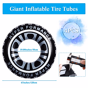 4 Pack 47 Inches Giant Inflatable Tire Tubes Tire Floats for Pool Inflatable Tire Float for Adults Race Car Birthday Party Supplies Swimming Rings River Raft Truck Race Car Themed Birthday Decorations