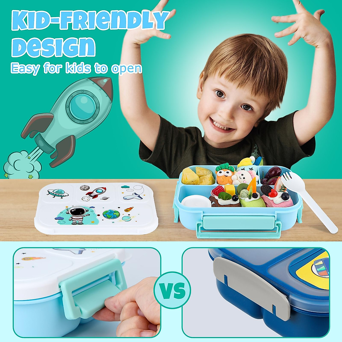 MaMix Kids Bento Lunch Box, Lunch Box for Boys, Lunch Container for Kids Toddlers Adults School | 4 Compartments |UPGRADE Easy to Open (Blue)