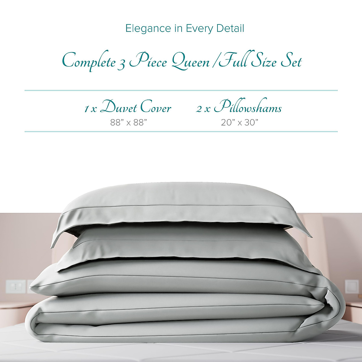 Carressa Linen 100% Egyptian Cotton Duvet Cover Queen Size - 800 Thread Count 3 PC Silver Duvet Cover Set, Extra Long Staple Egyptian Cotton Quilt Cover, Soft, Breathable with Hidden Zipper Closure