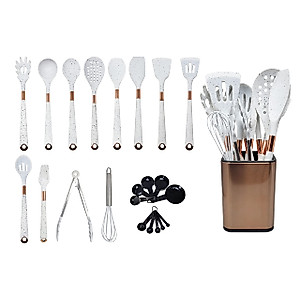 Chef Kitchen Cooking Utensils Set, Non-Stick Silicone Cooking Kitchen Utensil Set with Holder, Wooden Handle Silicone Kitchen Gadgets Utensil Set (White)