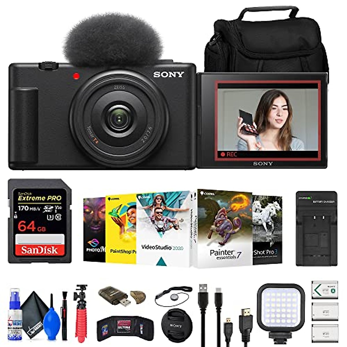 Sony ZV-1F Vlogging Camera (Black) (ZV1FB) + Case + 64GB Card + 2 x NP-BX1 Battery + Card Reader + Corel Photo Software + LED Light + Charger + Flex Tripod + Memory Wallet + More