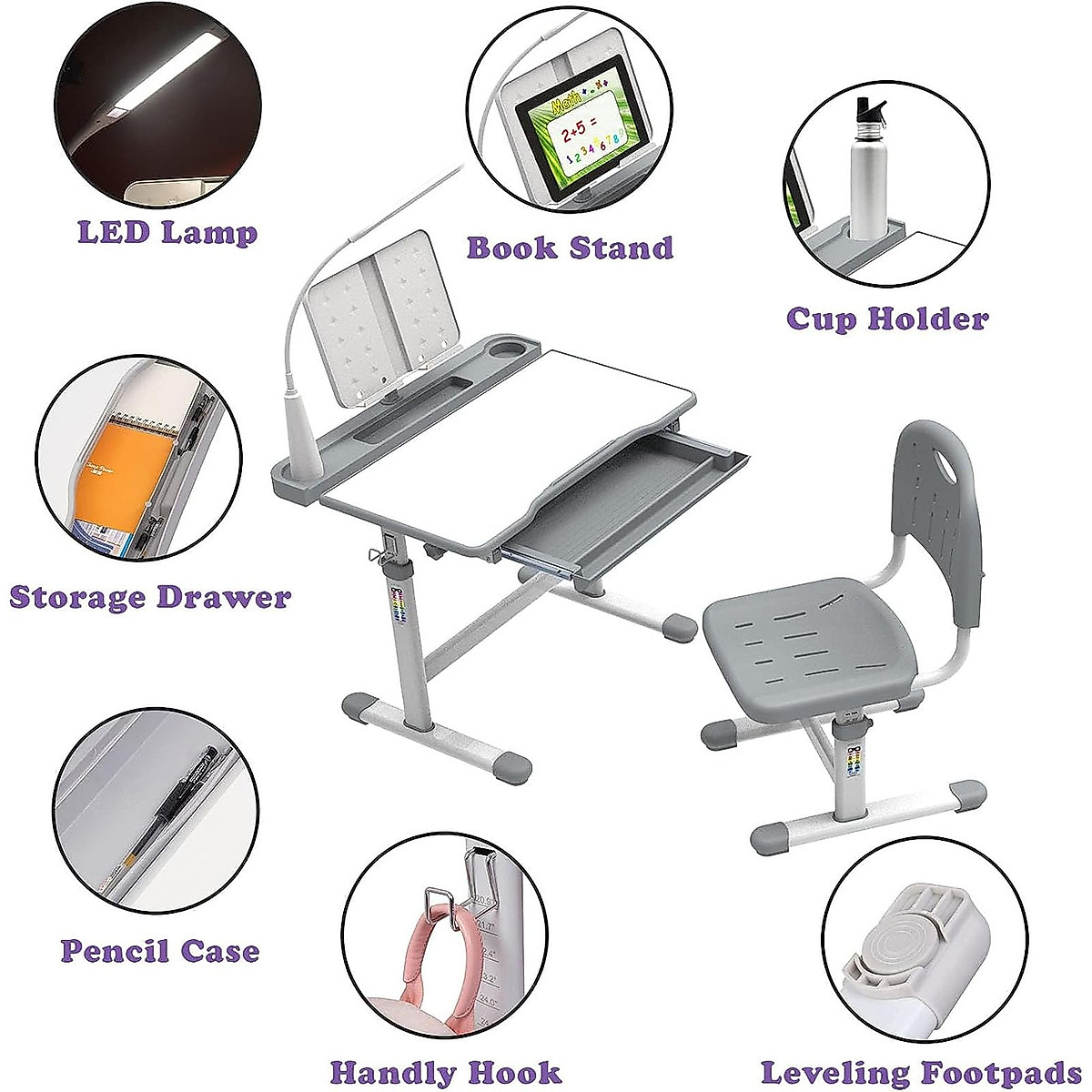 BELANITAS Kids Desk and Chair Set 3-12 Years, Kids School Desk for Kids, Height Adjustable Kids Study Desk with Light, 40-Degree Tiltable Desktop Kid Desk, Space Grey