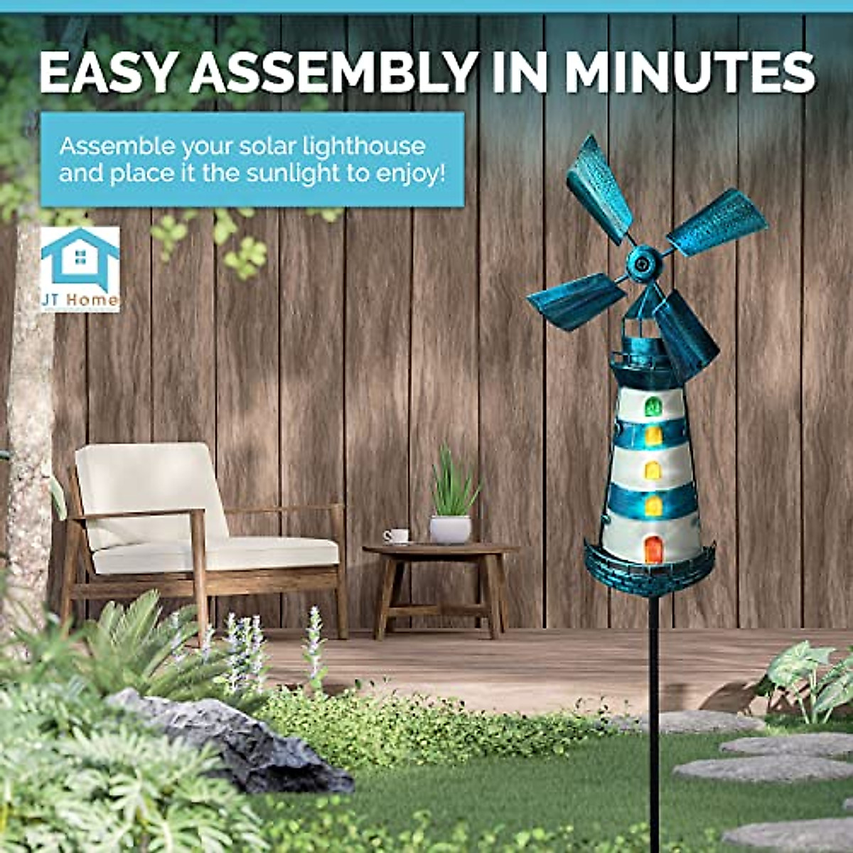JT Home Blue Solar Lighthouse with LED Light- Decorative Outdoor Solar Lighthouse - Automatic Solar Powered Lighthouse Lamp for Garden, Patio & Lawn- 40” Tall
