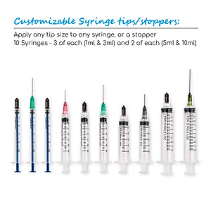 Free Hand Syringe Blunt Tip Needle Set - (10 Syringes, 10 Needles, 10 Caps and 2 Storage Bottles) - for Refilling and Measuring Liquids, Oil or Glue Applicator