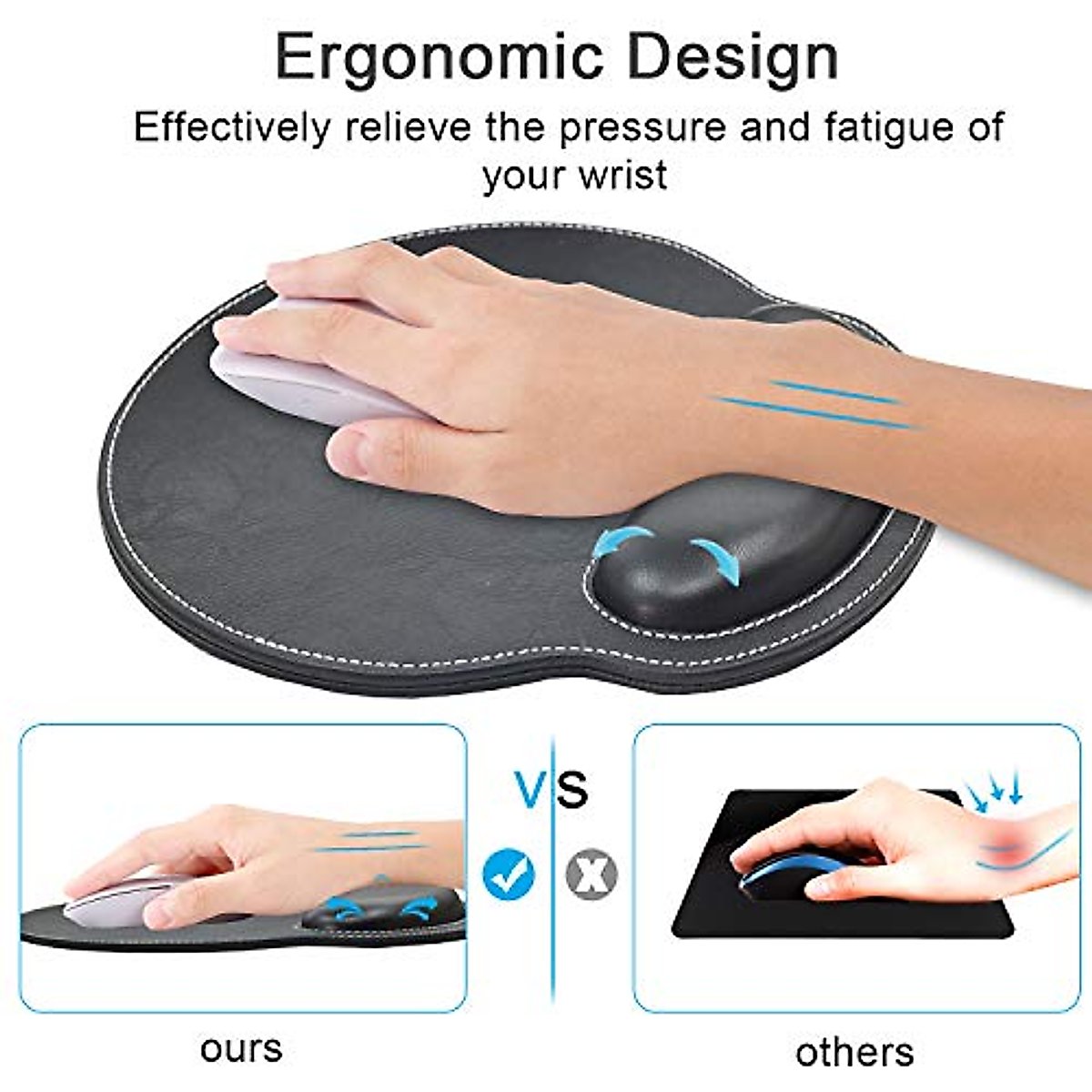 Ergonomic Mouse Pad with Wrist Support,PU Leather Mousepad for Laptop Computers Mac,Non Slip Rubber Base Memory Foam Wrist Rest Mouse Pads for Men Women,Home Work Office Gaming,Pain Relief ,Black