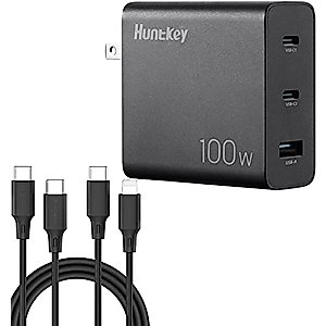 Huntkey 100W USB C Charger 3-Port GaN PD Fast Power Adapter USB C Wall Charger Block for MacBook Pro/Air, Dell XPS, iPad, iPhone 14/14 Pro /13/13 Pro, Galaxy S22/S21, Pixel and More(2Pack Cable)