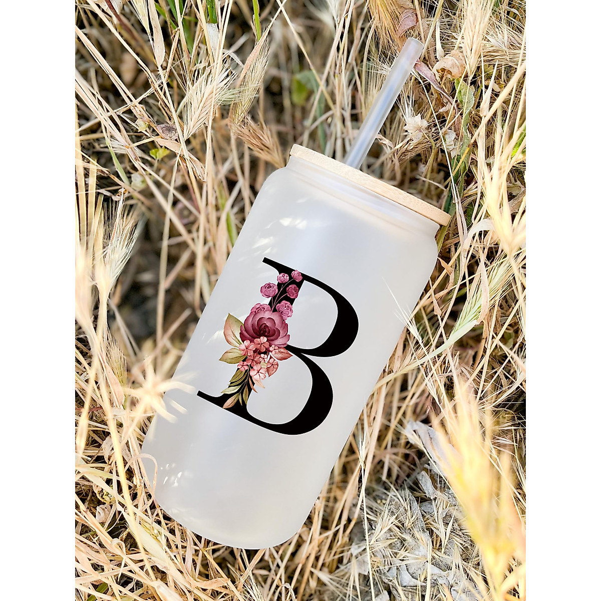 Personalized Gifts for Women, Monogrammed Frosted Glass Tumbler with Straw and Lid, Cute Customized Mug, Custom Initial Iced Coffee Glasses, Customizable Drinking Cup, Birthday Teacher Woman, M