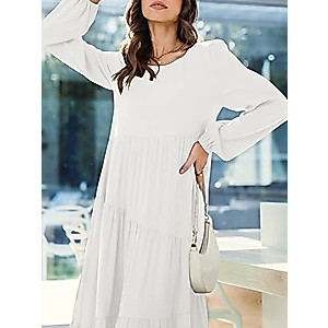 ANRABESS Women’s Boho Casual Loose Puff Long Sleeve Crewneck Asymmetric Tiered Beach Maxi Long Dress 596bai-S White